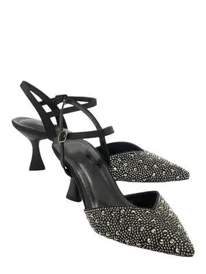 FOREVER & ALWAYS SHOES Vilka Embellished Slingback Kitten Heel Pumps - Black Faux Leather