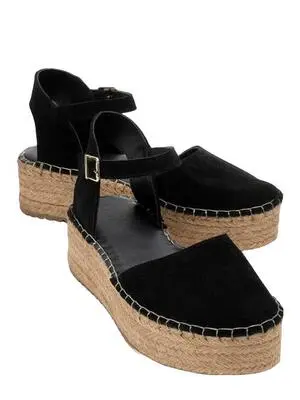 FOREVER & ALWAYS SHOES Viba Leather Espadrille Platform Wedge Sandals - Black Suede Leather