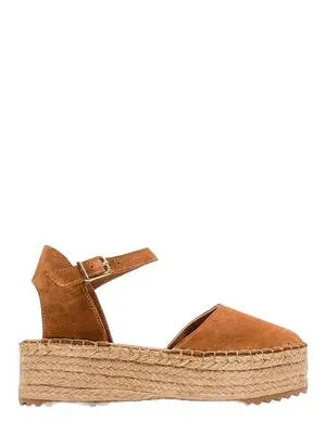 FOREVER & ALWAYS SHOES Viba Leather Espadrille Platform Wedge Sandals - Cognac Suede Leather