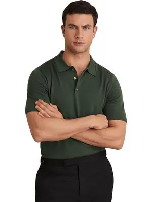 REISS Manor Merino Wool Short-sleeve Polo Shirt Kale Green