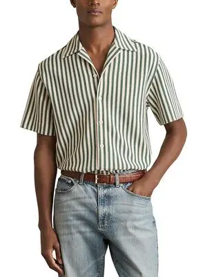 REISS Textured Stripe Camp Shirt - Green/white