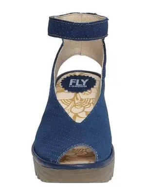 Fly London Fly London Yala Perforated Leather Wedge Sandal 058 Blue