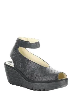 Fly London Yala Perforated Leather Wedge Sandal - Black