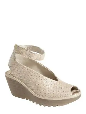 Fly London Fly London Yala Perforated Leather Wedge Sandal Silver