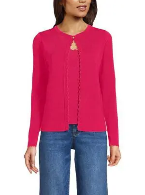 LANDS' END Fitted Cardigan Sweater With Scallop Edge - Berry Rouge
