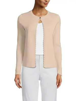 LANDS' END Fitted Cardigan Sweater With Scallop Edge - Oatmeal