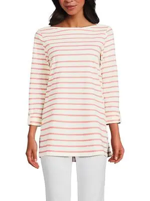LANDS' END Supima Cotton 3/4 Sleeve Boatneck Tunic - Ivory/peach Breton Stripe