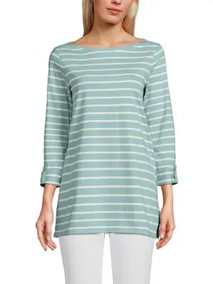 LANDS' END Supima Cotton 3/4 Sleeve Boatneck Tunic - Misty Aqua/ivory Breton Stripe