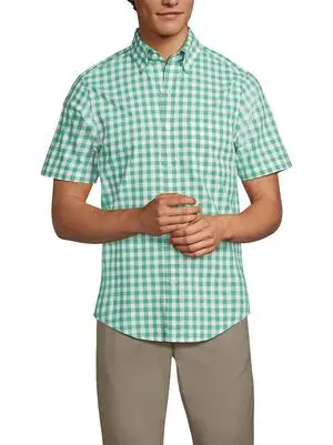 LANDS' END Short Sleeve Essential Lightweight Poplin Bay Water Green Check