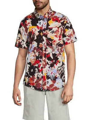 LANDS' END Short Sleeve Essential Lightweight Poplin Lush Burgundy Multi Floral