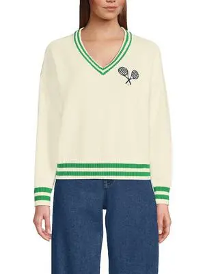 LANDS' END Cotton Drifter Shaker V-neck Sweater - Fresh Ivory/clover Tip