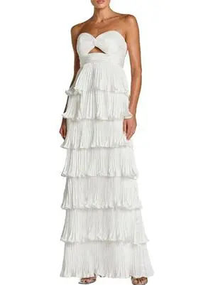 Mac Duggal Pleated Charmeuse Strapless Tiered Ruffle Gown - Ivory