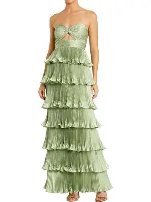 Mac Duggal Pleated Charmeuse Strapless Tiered Ruffle Gown - Sage