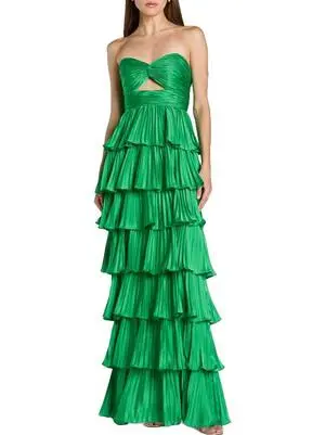 Mac Duggal Pleated Charmeuse Strapless Tiered Ruffle Gown - Spring Green