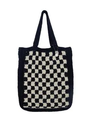 THE SAK Lanie Market Hand Crochet Tote Bag Black Check