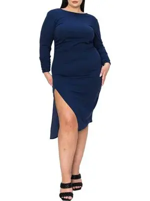 L I V D L I V D Bianca Open Back Side Slit Long Sleeve Stretch Dress Navy