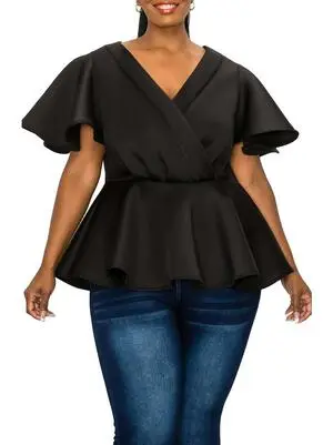 L I V D Siobhan Flutter Sleeve Peplum Top - Black