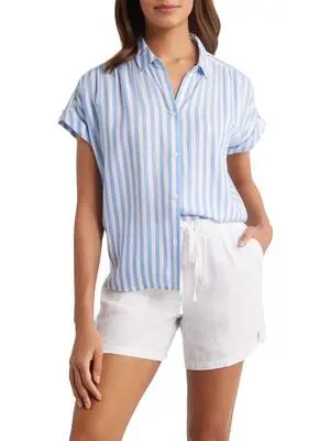 BEACHLUNCHLOUNGE Daria Stripe Short Sleeve Button-up Shirt - Coastal Blue
