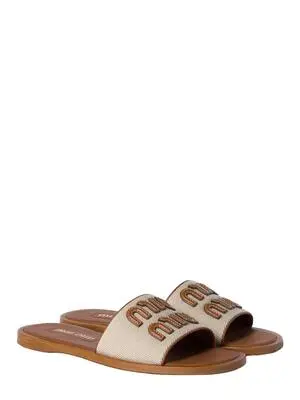Miu Miu Canvas And Leather Slides - Beige/brandy