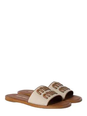 Miu Miu Canvas And Leather Slides - Beige/brandy