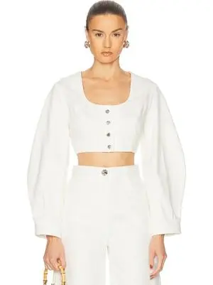 Matthew Bruch Apron Leg-of-mutton Sleeve Crop Top - White Denim