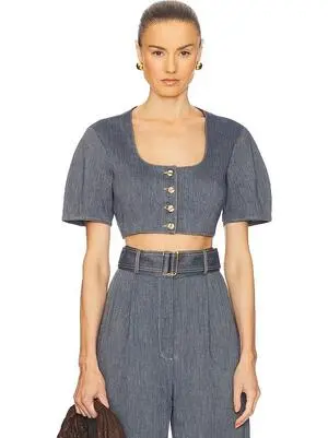 Matthew Bruch Apron Puff Sleeve Crop Top - Denim