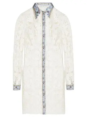 Camilla Crystal-embellished Linen-blend Guipure Lace Mini Shirt Dress - White