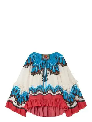 La DoubleJ La DoubleJ + Mother Printed Cotton Peplum Blouse Blue