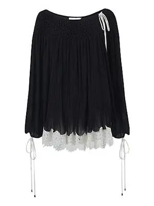 LEEM Smock-neck Lace-trimmed Top - Black