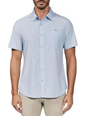7 Diamonds Seager Geo Print Short Sleeve Performance Button-up Shirt - Light Blue