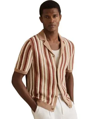 REISS Carrington Cotton Crochet Stripe Cuban Shirt - Camel Multi