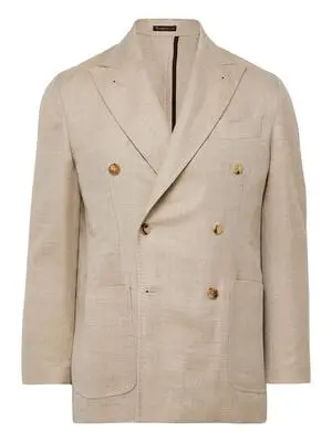 Rubinacci Unstructured Double-breasted Herringbone Virgin Wool, Silk And Linen-blend Blazer - Neutrals