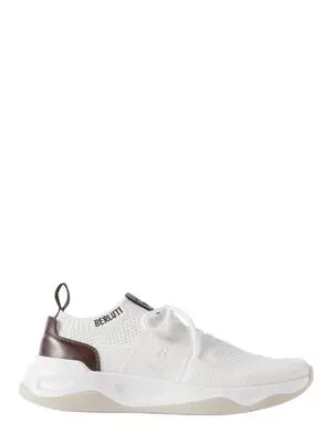 Berluti Shadow Leather-trimmed Stretch-knit Sneakers - White