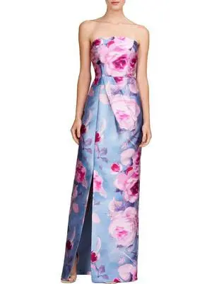 KAY UNGER Lucienne Floral Strapless Gown - Pearl Blue Multi