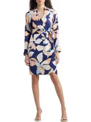 TAHARI ASL Print Tie Waist Dress - Navy Multi