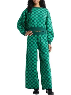 DRESSED IN LALA Checkerboard Knit Sweater And Wide-leg Pants Set - Green Check