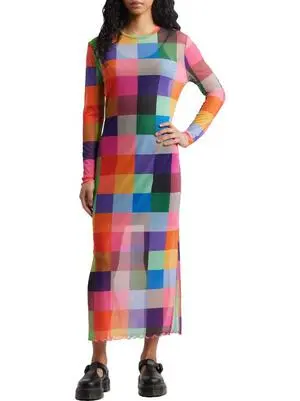 DRESSED IN LALA Long Sleeve Mesh Midi Dress - Multicolor Check