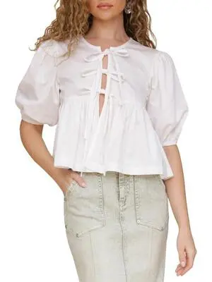 Avec Les Filles Tie-front Puff Sleeve Cotton Top - White
