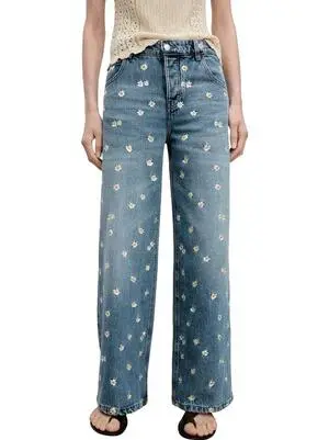 Mango Embroidered Wide Leg Jeans - Medium Blue