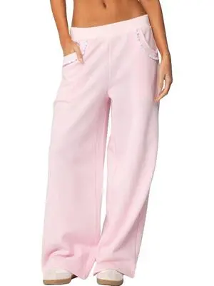 EDIKTED Ashtin Ruffle Trim Wide Leg Sweatpants - Light-pink