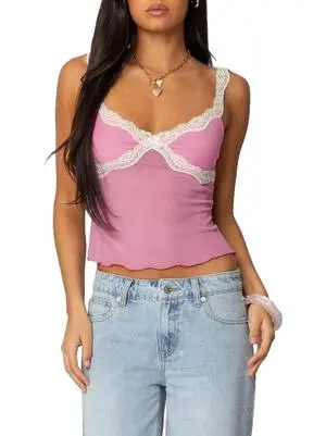 EDIKTED Lace Trim Mesh Camisole - Pink