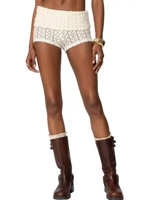 EDIKTED Rye Sheer Lace Foldover Shorts - Cream