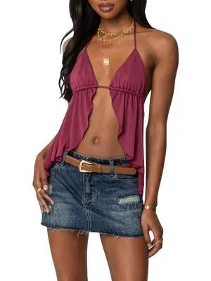 EDIKTED Calla Split Front Halter Top - Burgundy
