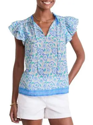 Vineyard Vines Print Ruffle Sleeve Top - Frangipani Print Marsh/blue