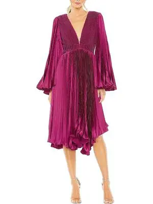 Mac Duggal Long Flare Sleeve Pleated Dress - Berry
