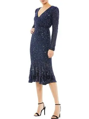 Mac Duggal Sequin Gown With Embellished Hemline And Belt - Midnight