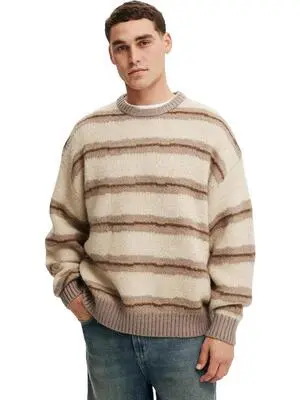 COTTON ON Box Fit Fuzzy Crew Knit - Grey Stripe