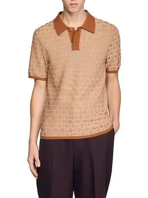 Sandro Square Cross Jacquard Polo Shirt Camel