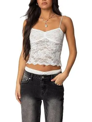 EDIKTED Rut Sheer Lace Tank Top - White