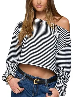 EDIKTED Aveline Off Shoulder Light Sweatshirt - Navy And White